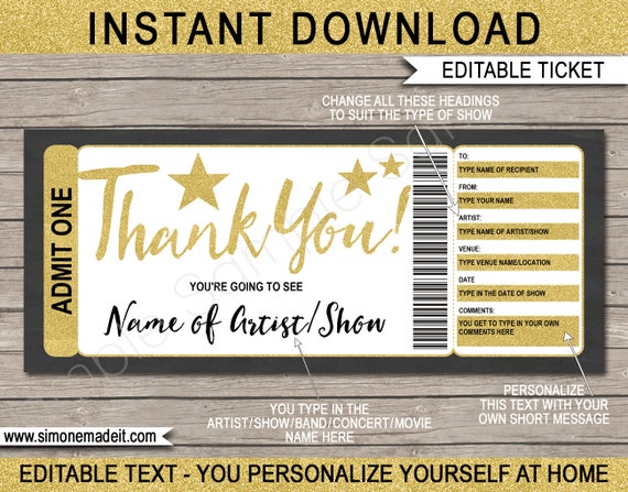 Printable Concert Ticket Template Thank You Gift Voucher Surprise 