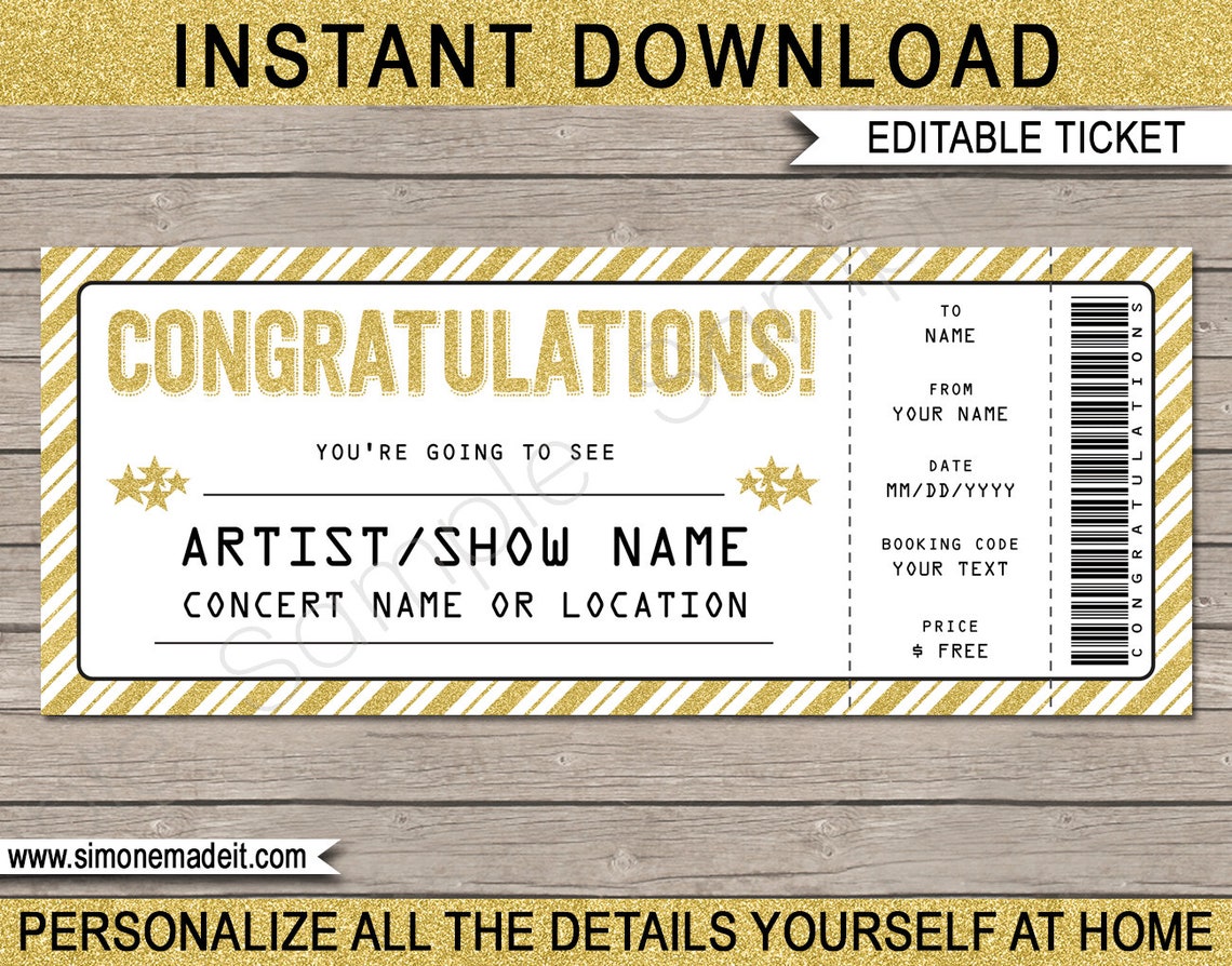 Concert Ticket Congratulations Gift Printable Template - Etsy