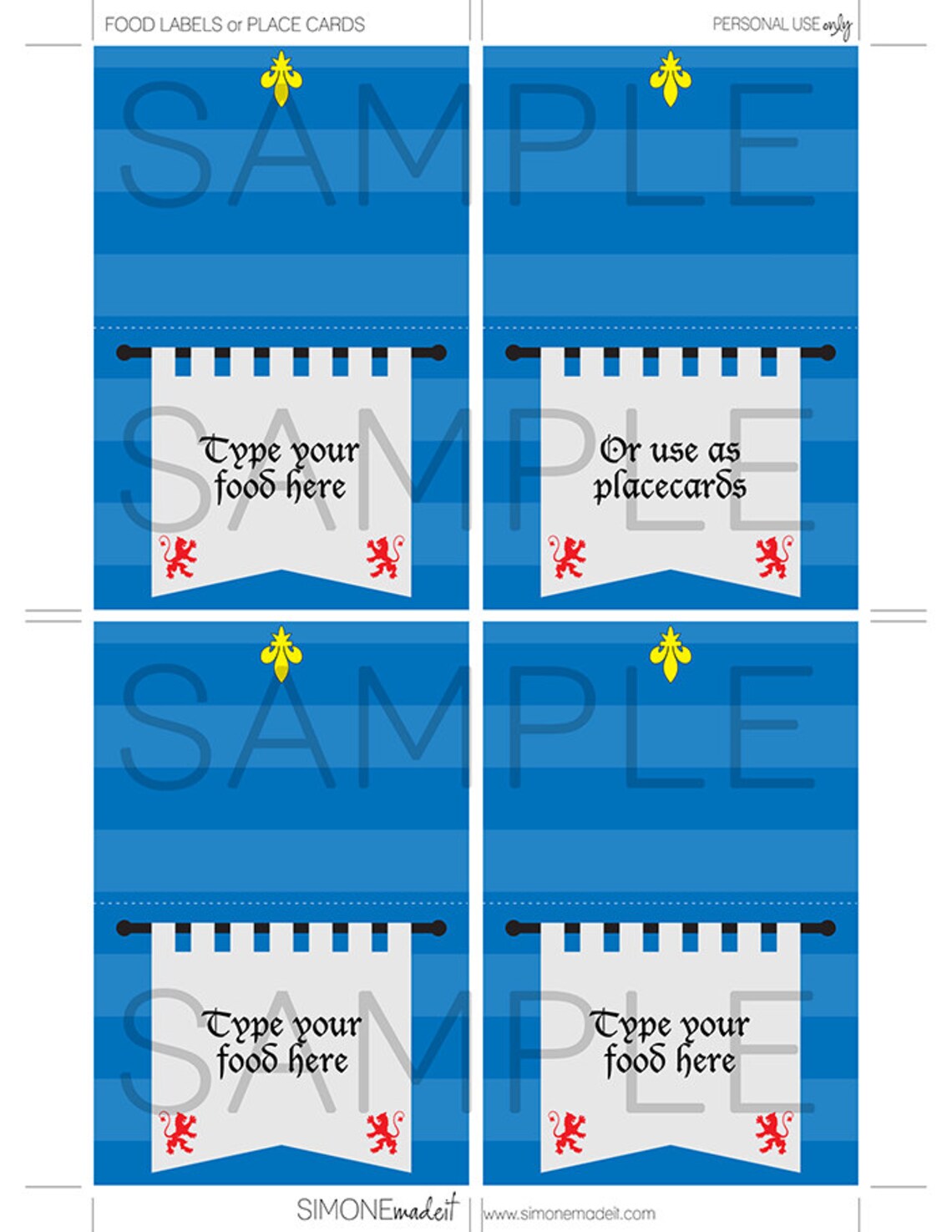 Medieval Knight Party Food Labels: Editable Place Cards (digital ...