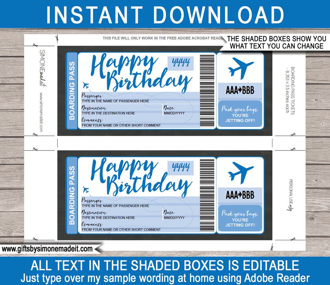Printable Boarding Pass Surprise Trip Reveal Birthday Gift - Etsy