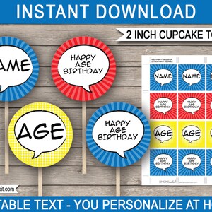 Superhero Cupcake Toppers Template Printable Super Hero Theme Birthday ...