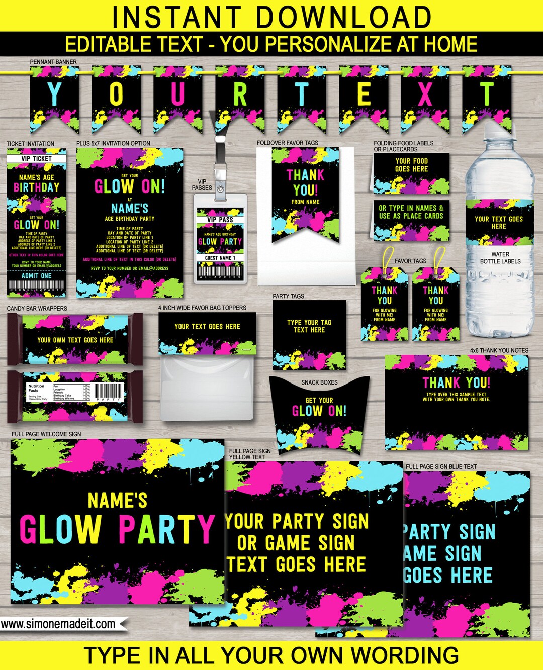 Glow Theme Party Decoration Template Bundle + Invitation - Printable ...