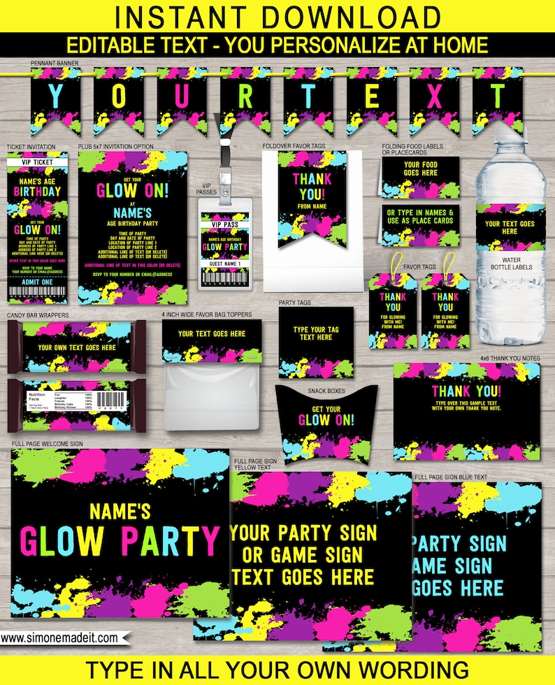Glow Theme Party Decoration Template Bundle Invitation - Etsy