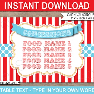 Circus Concessions Sign Template - Printable Carnival Theme Party ...