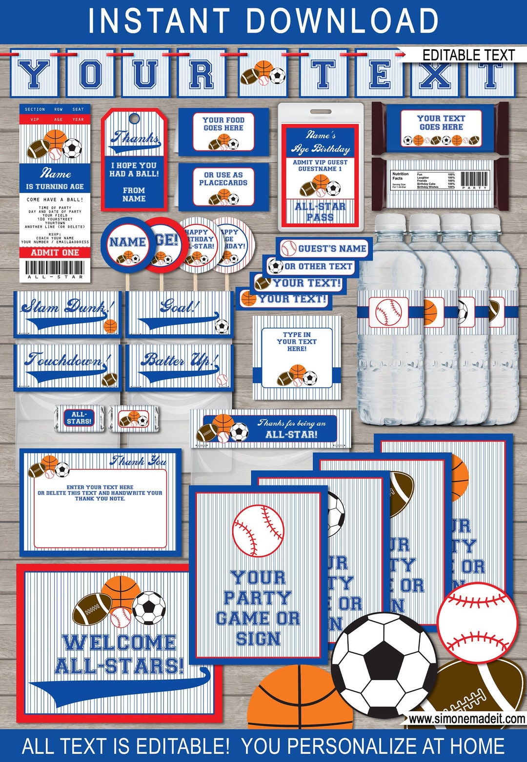 Sports Theme Party Template Bundle + Invitation - Printable All Star ...