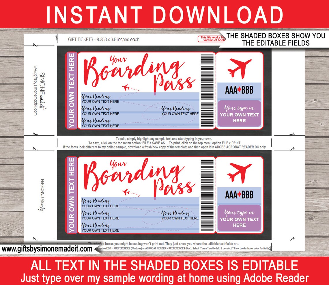 Boarding Pass Template Surprise Fake Plane Ticket Trip Gift | Etsy