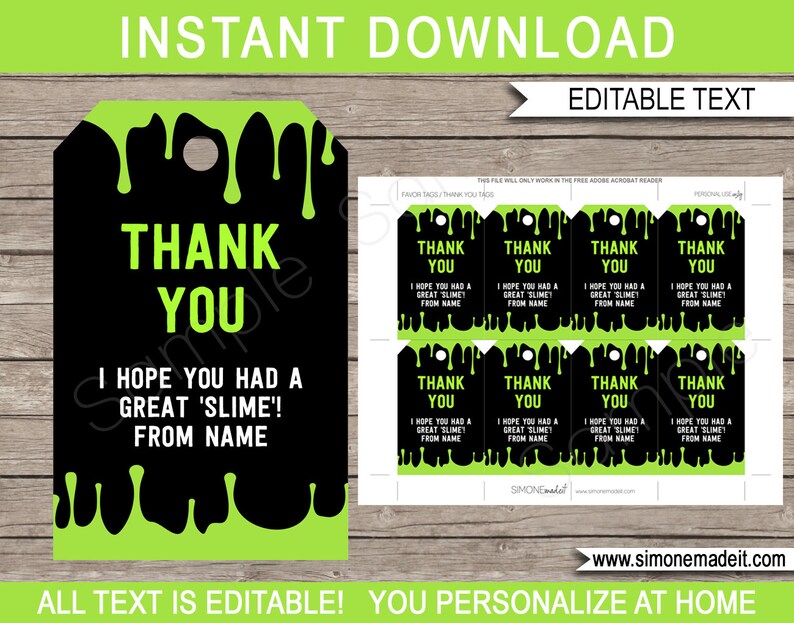 Slime Party Favor Tags: Editable Thank You Tags (instant Download) - Etsy