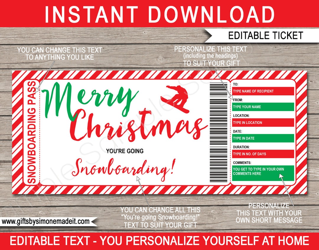 Snowboarding Ticket Template - Printable Christmas Gift Voucher Pass ...