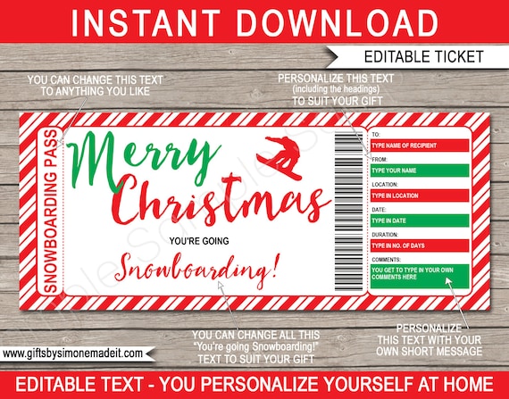 Snowboarding Ticket Template - Printable Christmas Gift Voucher Pass ...