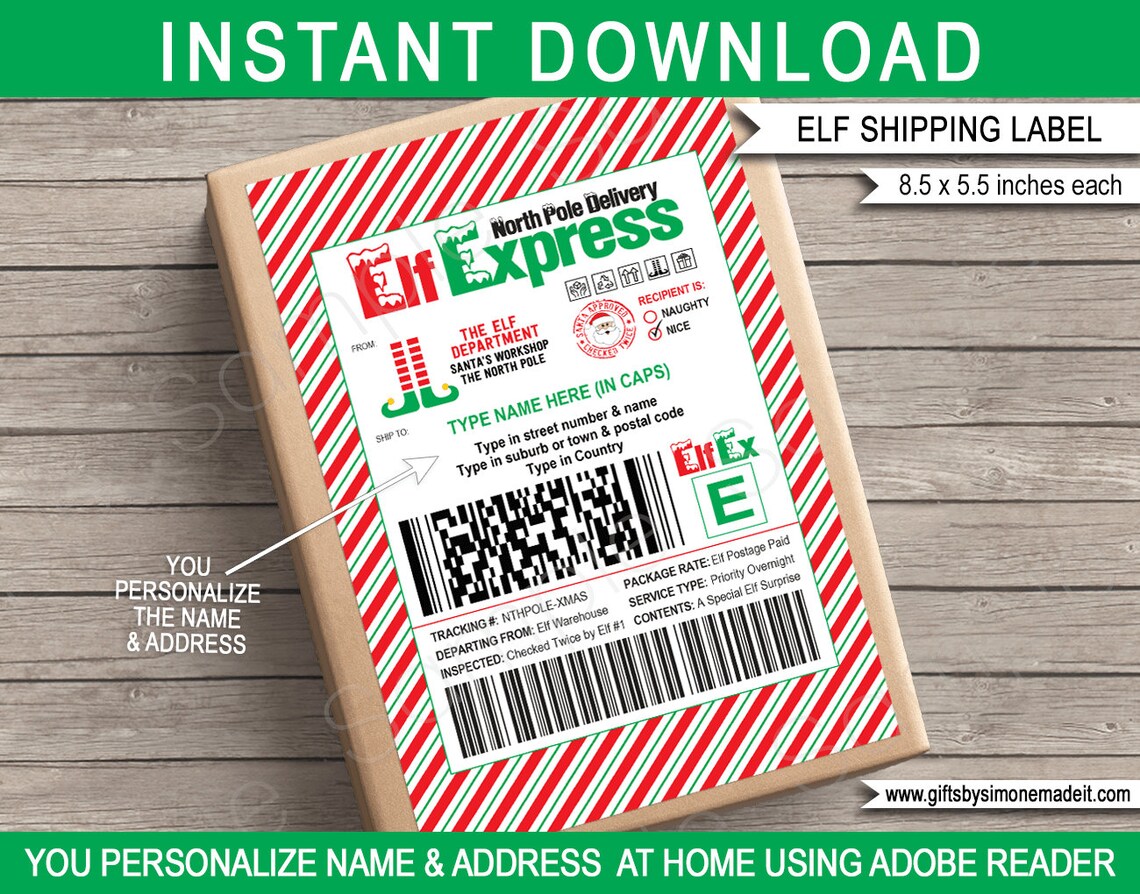Elf Shipping Labels Template Christmas Mail Gift Stickers - Etsy