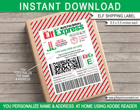Elf Shipping Labels Template - Christmas Mail Gift Stickers - Large ...