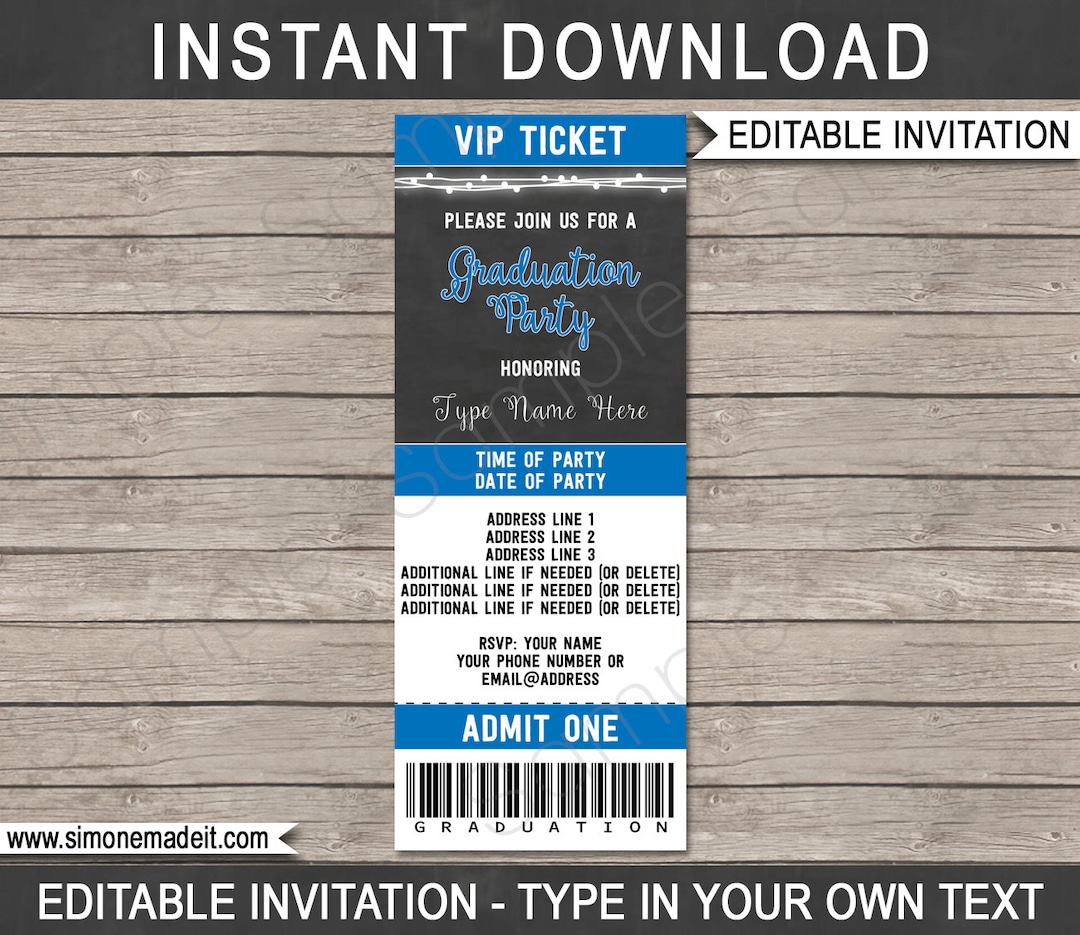 Graduation Party Ticket Invitation Template - Blue & Chalkboard - for ...