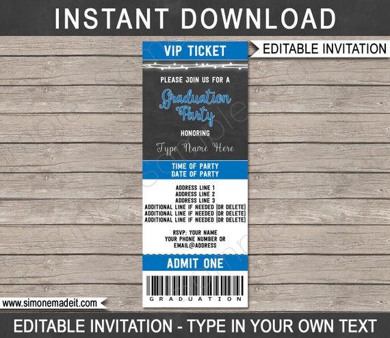 Graduation Party Ticket Invitation Template - Blue & Chalkboard - for ...