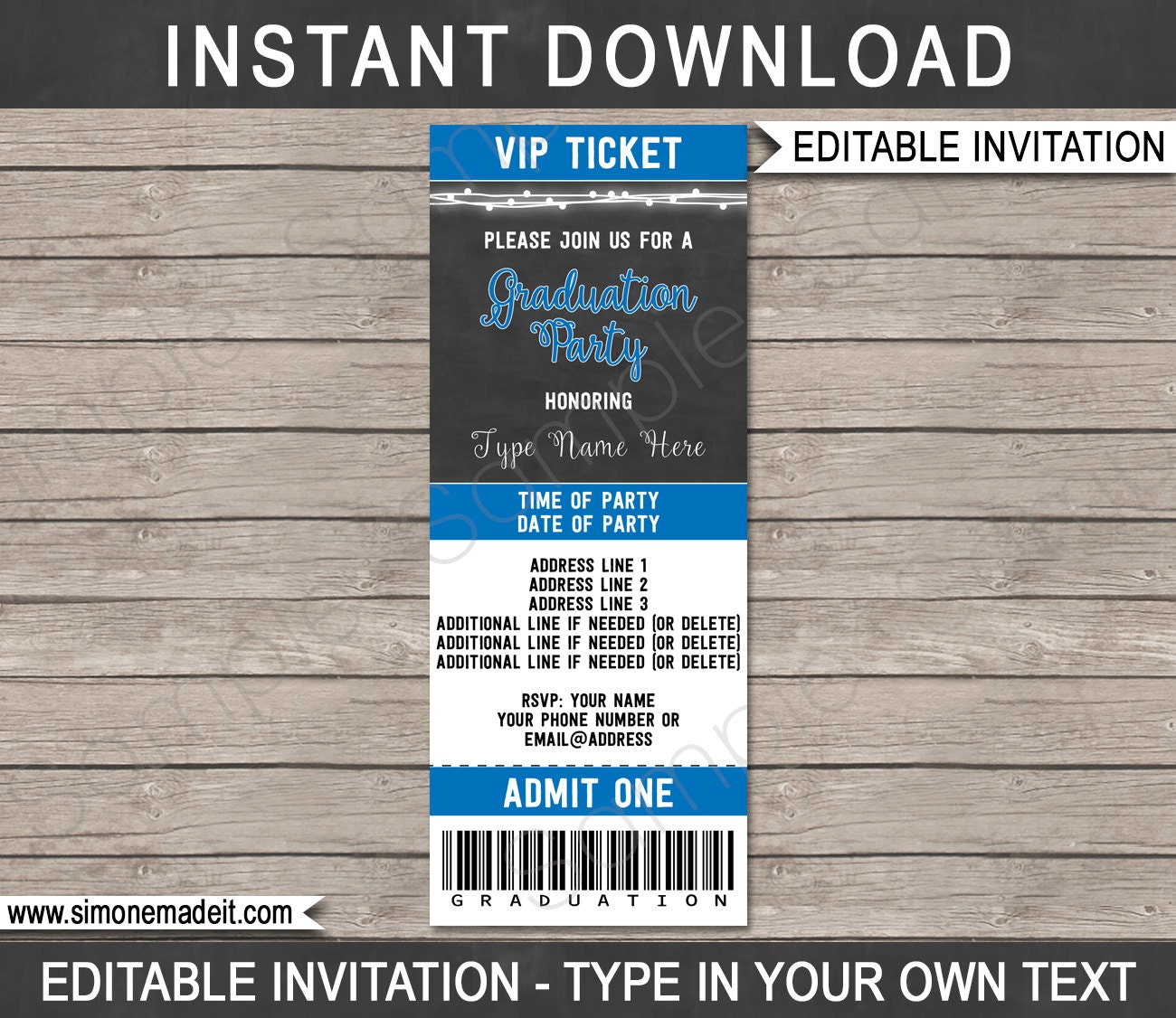 Graduation Party Ticket Invitation Template Blue & | Etsy