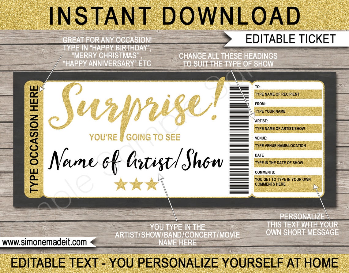 Surprise Concert Ticket Printable Editable Gift Voucher - Etsy