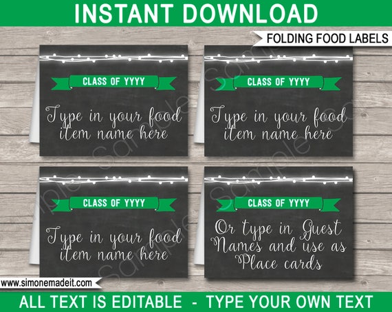Graduation Food Labels - Green - Buffet Food Tags - Tent Cards - Party ...