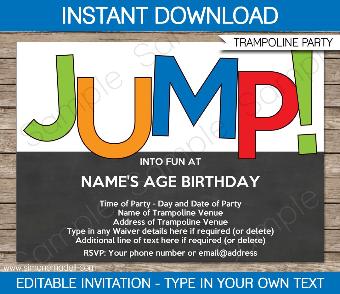 Trampoline Birthday Party Invitation: Editable Text (instant Download ...
