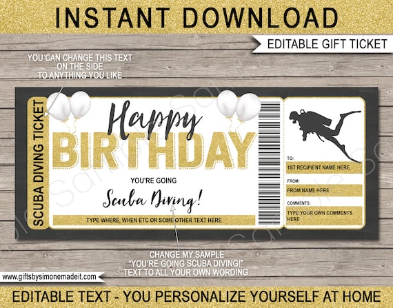 Scuba Diving Ticket Template Gift Certificate Voucher Card - Birthday ...