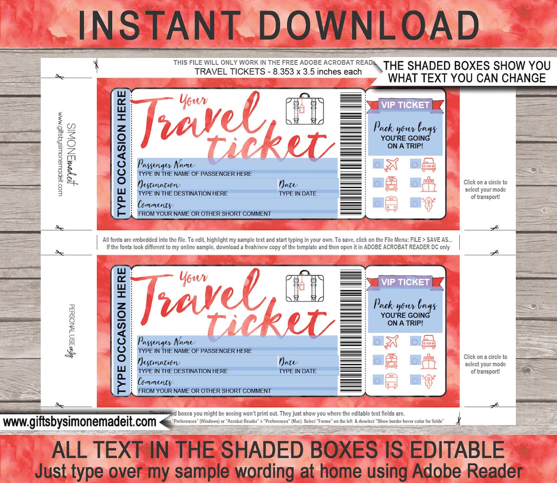 Boarding Pass Template Travel Ticket Printable Surprise Trip | Etsy