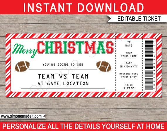 Football Game Ticket Christmas Gift Template Printable Surprise Gift 