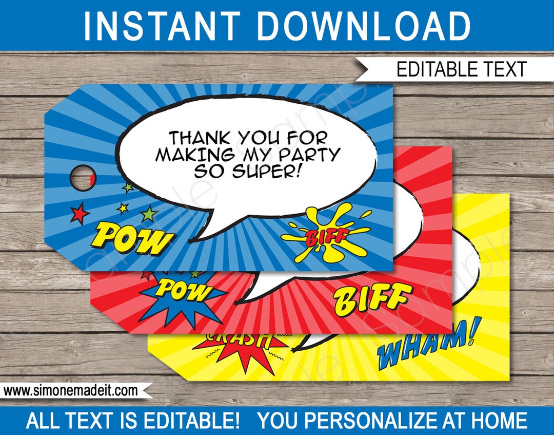 Superhero Favor Tags Template - Printable Birthday Party Thank You Tags ...