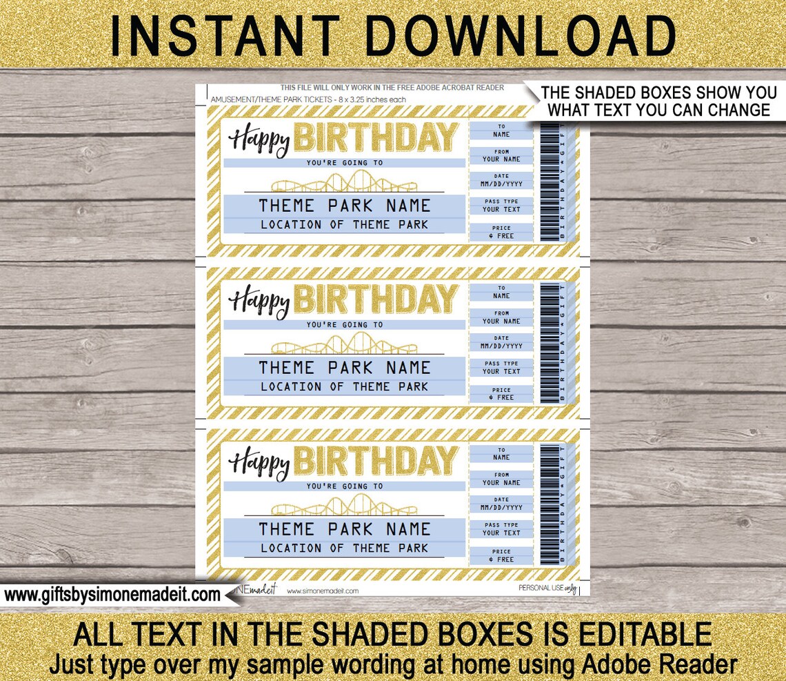 Surprise Amusement Park Ticket Birthday Gift Printable - Etsy