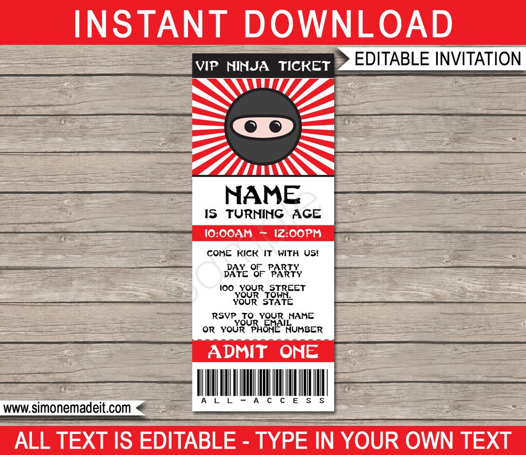 Ninja Invitation Template - Printable Birthday Party Ticket Invite ...