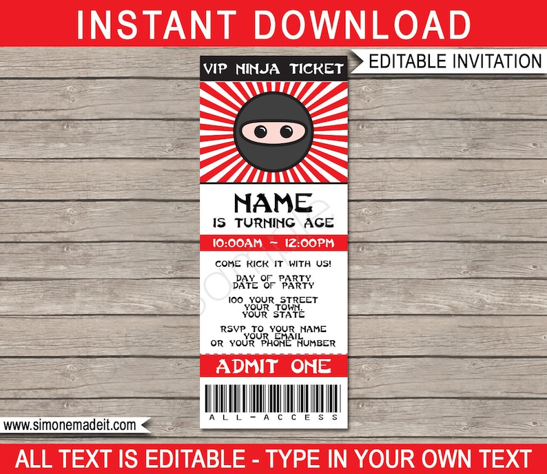 Ninja Invitation Template Printable Birthday Party Ticket - Etsy