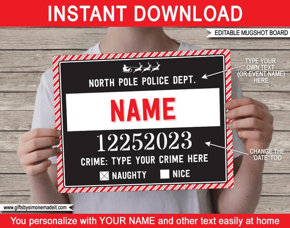 Christmas Mugshot Sign Board Template Photo Booth Prop Mug Shot 