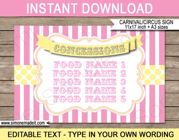 Printable Carnival Concessions Sign Template - Pink Yellow - Circus ...