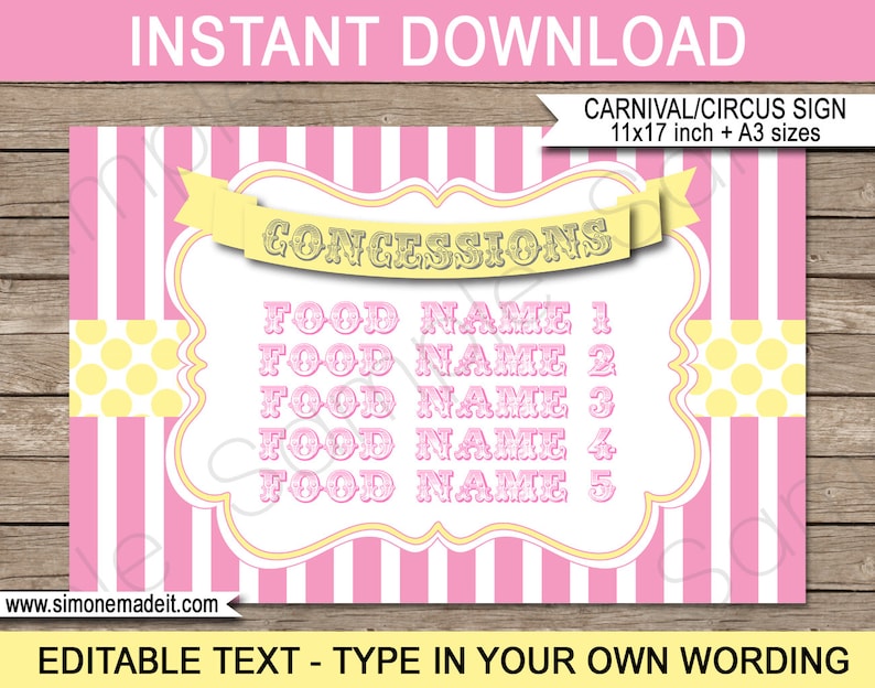 Printable Carnival Concessions Sign Template Pink Yellow - Etsy