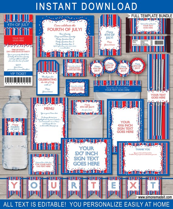 4th of July Party Printable Decorations & Invitation Template Bundle ...