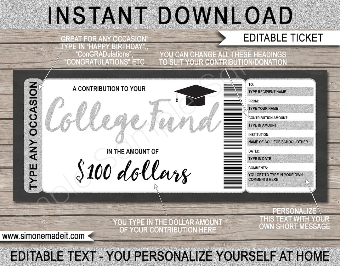 College Fund Gift Certificate: Editable Tuition Voucher (INSTANT ...