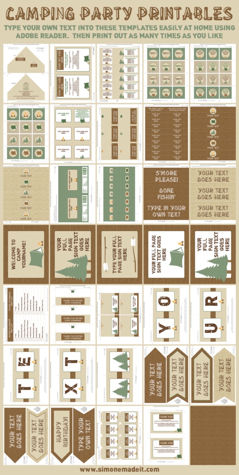 Camping Party Printables: Editable Decoration & Invitation Set (digital ...