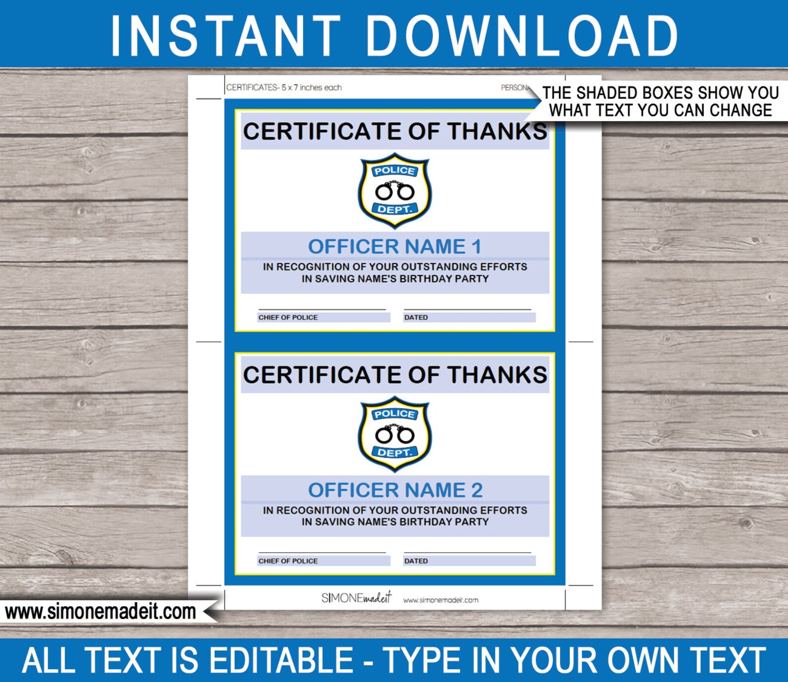 Police Certificate of Thanks Template: Editable Birthday Party Favor ...