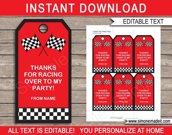 Race Car Favor Tags Template - Printable Birthday Party Thank You Tags - INSTANT DOWNLOAD ...