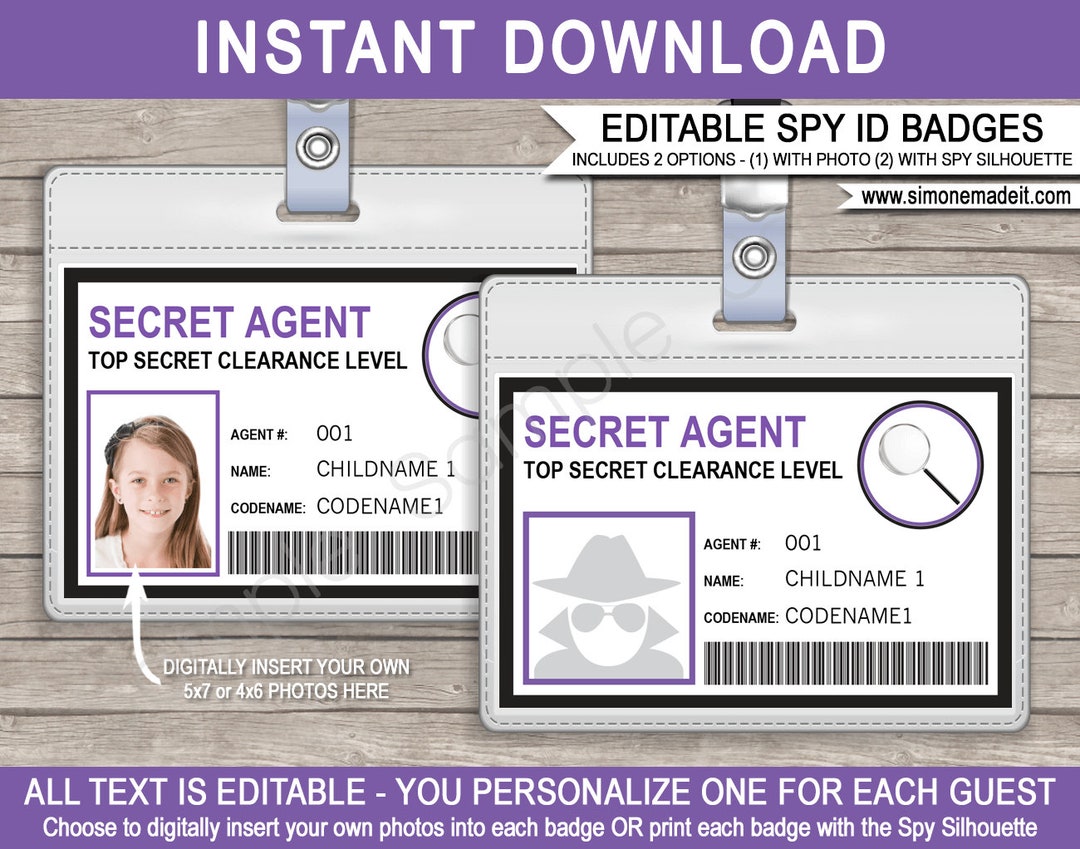 Spy Birthday Party Badges: Editable Secret Agent ID (instant Download ...