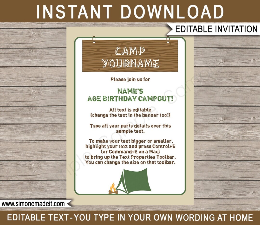 Camping Invitation Template - Printable Campout Theme Birthday Party ...