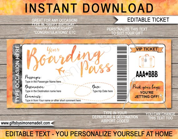 Boarding Pass Fake Plane Ticket Gift Printable Template, Surprise ...