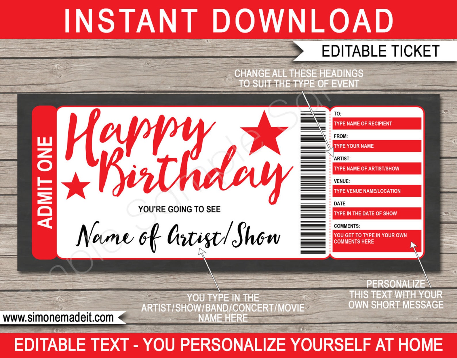 Printable Concert Ticket Template Birthday Gift Voucher Free 