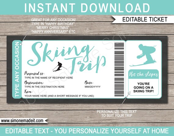 Printable Ski Trip Pass Ticket Gift Voucher Certificate Surprise 