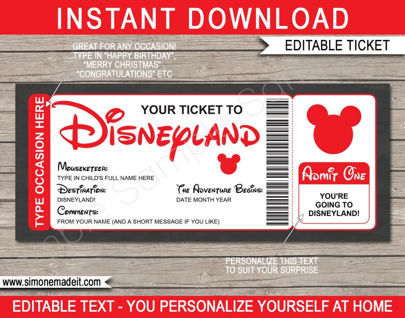 Printable Disneyland Trip Ticket Gift Template Surprise Etsy