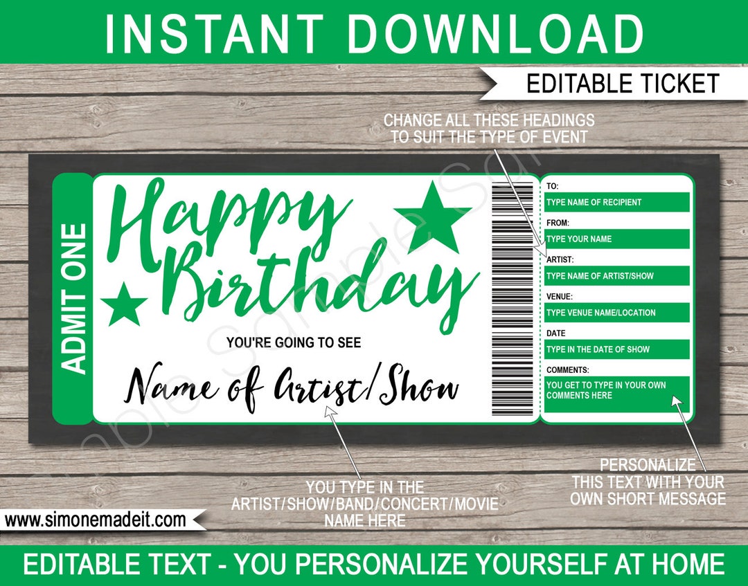 Printable Editable Concert Ticket Birthday Gift Voucher Coupon ...