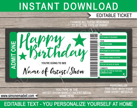 Printable Editable Concert Ticket Birthday Gift Voucher Coupon ...