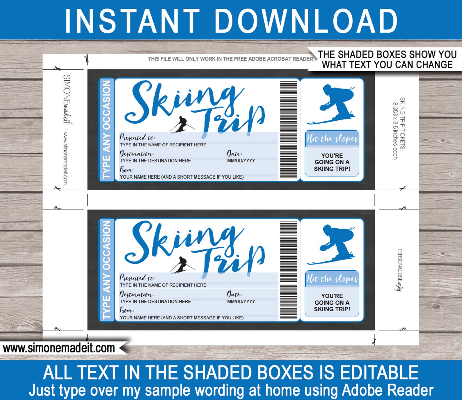 Printable Skiing Trip Ticket Gift Voucher Pass Certificate - Etsy