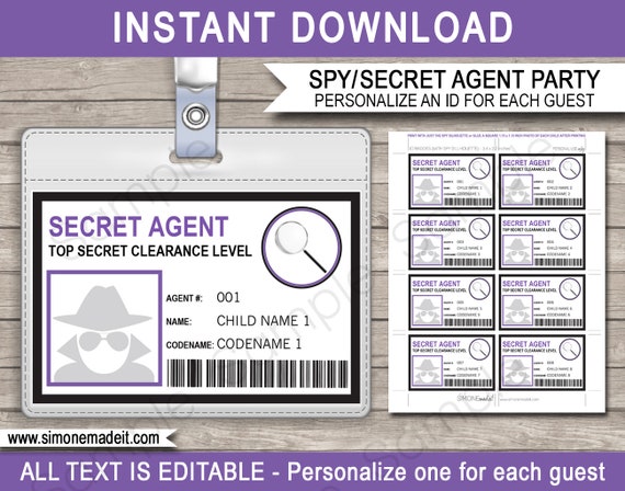 Spy Birthday Party Printables - Secret Agent Badge - Printable ID Badge ...