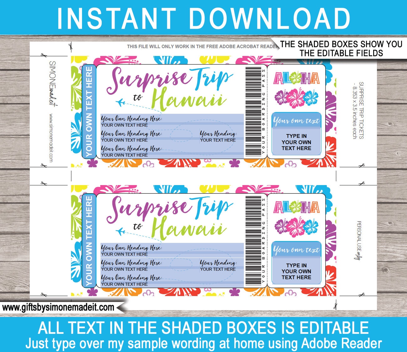Printable Hawaii Trip Ticket: Surprise Boarding Pass (editable Text ...