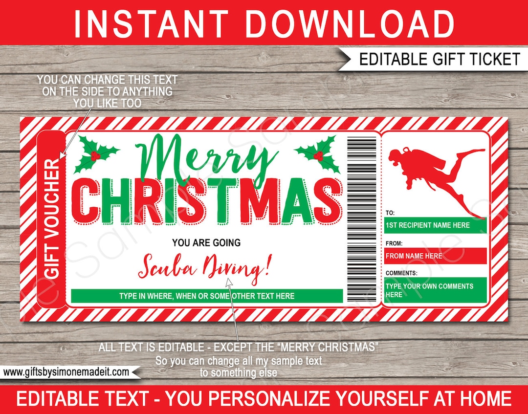Scuba Diving Ticket Template Gift Certificate Voucher Card - Christmas ...