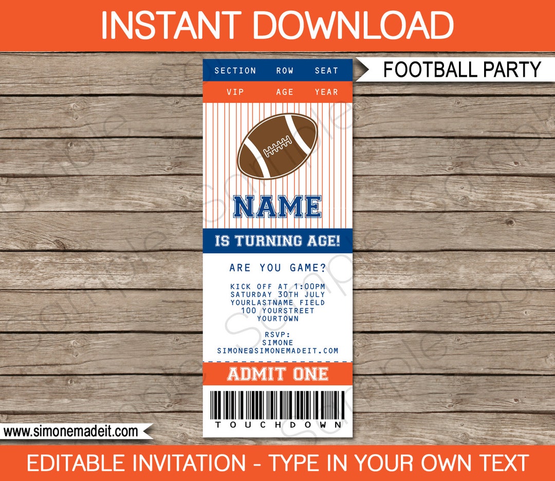 Football Ticket Invitation Template - Navy Blue Orange - Birthday Party ...
