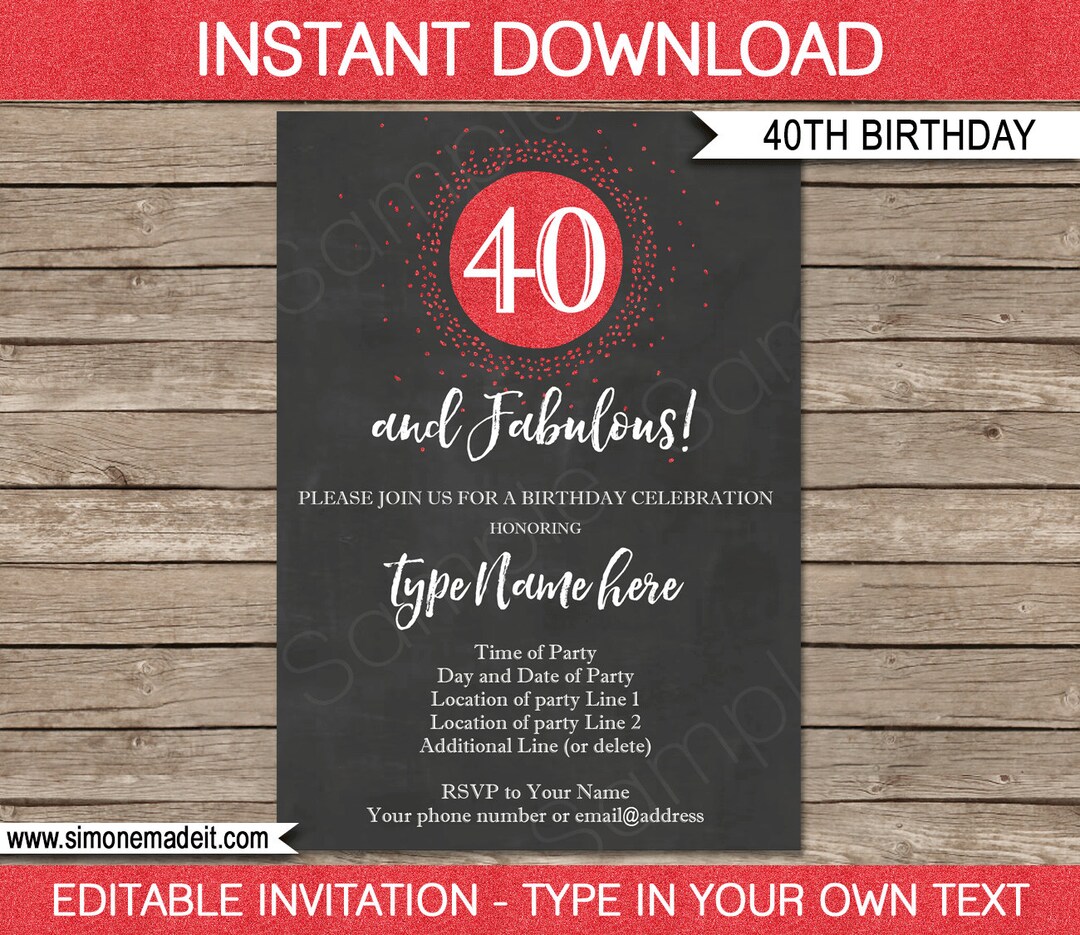 40th Birthday Invitation Template: Chalkboard & Red Glitter (INSTANT ...